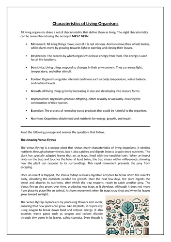 Characteristics of Living Organisms KS3/KS4 | Teaching Resources