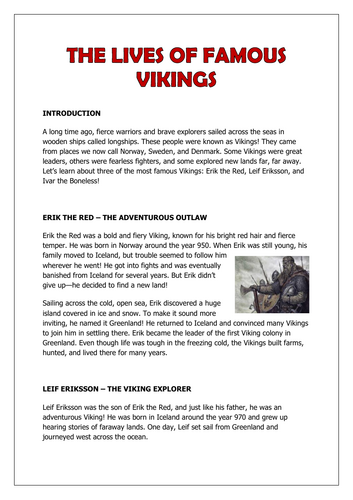 The Lives of Famous Vikings - KS2 Reading Comprehension (with ...