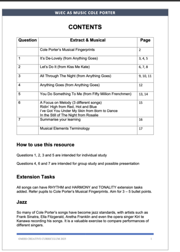 WJEC As Music - Cole Porter Workbook No.2 Practice Questions | Teaching ...