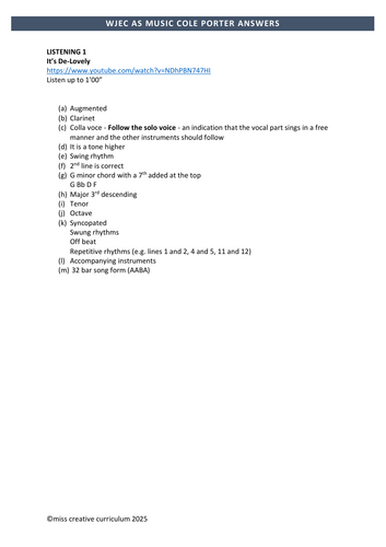 WJEC As Music - Cole Porter Workbook No.2 Practice Questions | Teaching ...