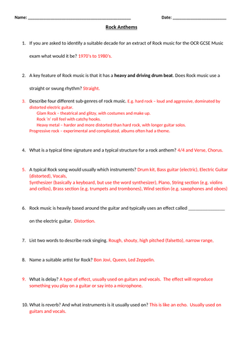 Rock Anthems Music worksheet for GCSE Music. | Teaching Resources