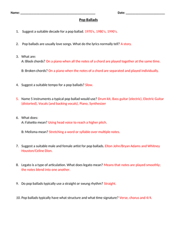 Pop Ballads Music worksheet for GCSE Music. | Teaching Resources