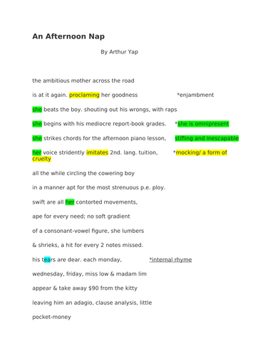 "An Afternoon Nap" by Arthur Yap: iGCSE ENGLISH LITERATURE | Teaching ...