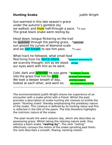 "Hunting Snake" by Judith Wright iGCSE English Literature | Teaching ...