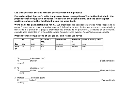 Los trabajos with Ser and Present perfect tense fill in practice ...