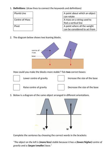 KS3 Centre of Mass and Stability worksheet | Teaching Resources