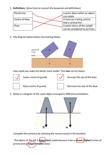 KS3 Centre of Mass and Stability worksheet | Teaching Resources