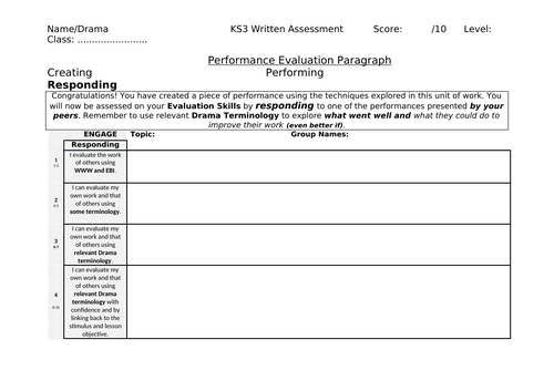 Performance Evaluation Worksheet KS3 | Teaching Resources