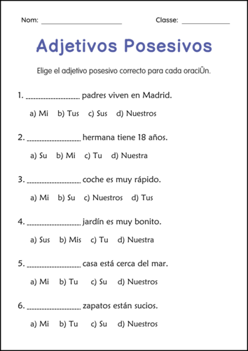 Hoja de Ejercicios de Adjetivos Posesivos - Possessive Adjectives in ...