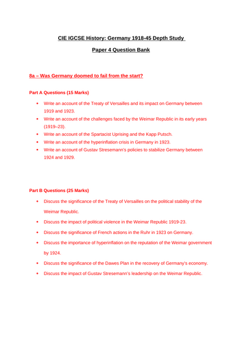 NEW 2025 PAPER 4 QUESTION BANK - GERMANY DEPTH STUDY (CIE IGCSE HISTORY ...