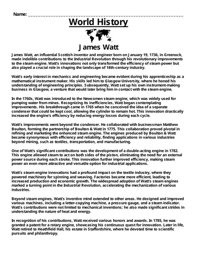 James Watt “Article & Questions” Assignment | Teaching Resources