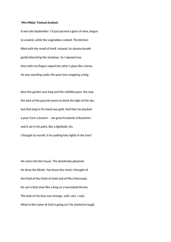 Carol Ann Duffy Mrs Midas textual analysis N5/Higher Resources ...