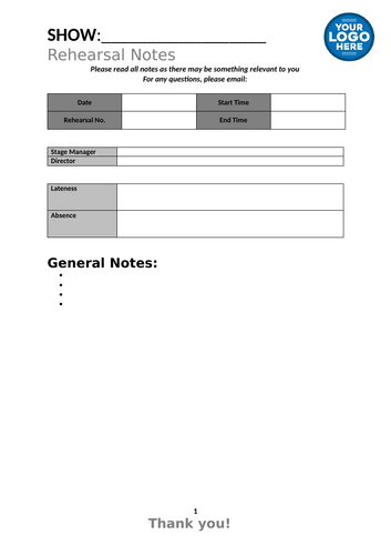 Rehearsal Note Template (Stage Management) | Teaching Resources