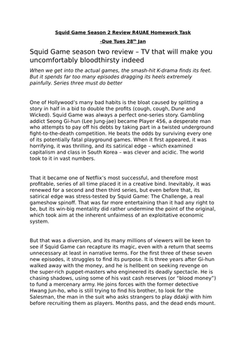 Higher R4UAE RUAE Close Reading Mini Task-Squid Game | Teaching Resources