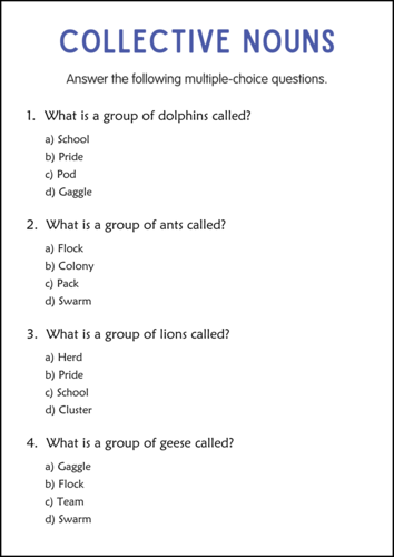 Printable Collective Nouns Grammar Worksheets for Grade 3, 4, 5 ...