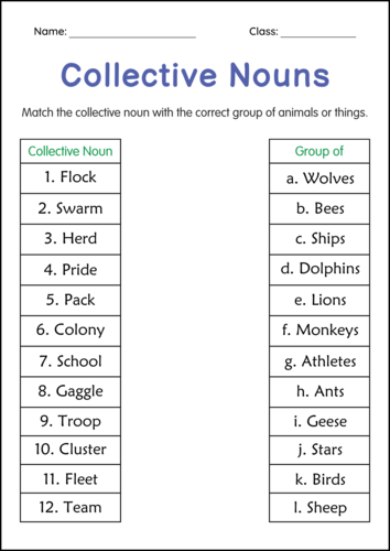Printable Collective Nouns Grammar Worksheets for Grade 3, 4, 5 ...