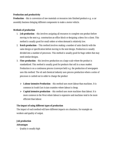IGCSE Business - Production and Productivity | Teaching Resources