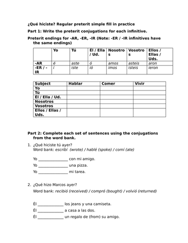 ¿Qué hiciste? Regular preterit simple fill in practice | Teaching Resources