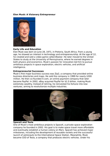 Elon Musk Reading Comprehension - GL/NGRT prep | Teaching Resources