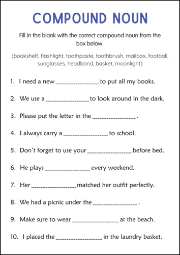 Printable Compound Nouns Grammar Activity Worksheets for Grade 4, 5, 6 ...