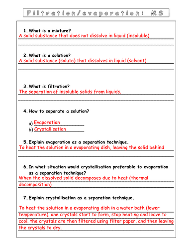 Year 7 - Particulate of nature L7 Filtration and evaporation (Worksheet ...