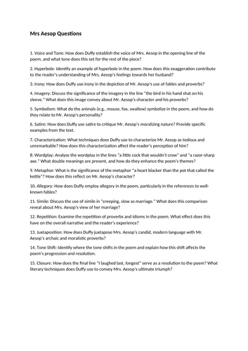 15 Questions with detailed answers; Duffy's Mrs Aesop | Teaching Resources