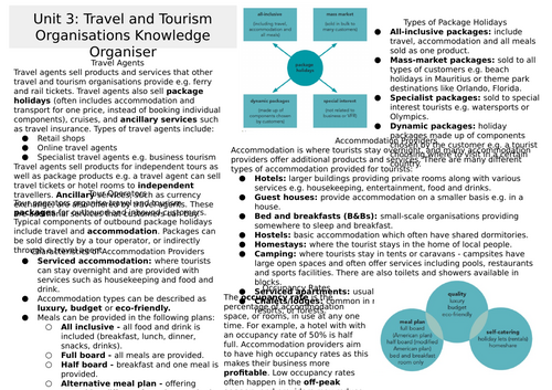 IGCSE Travel and Tourism Unit 3 Knowledge Organiser | Teaching Resources