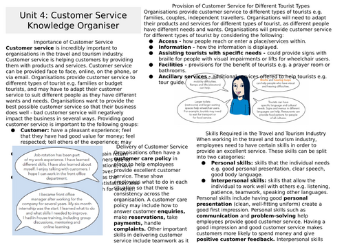 IGCSE Travel and Tourism Unit 4 Knowledge Organiser | Teaching Resources