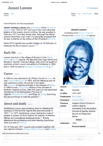 Janani Luwum (1922 -1977) Archbishop of Uganda, martyred by dictator ...