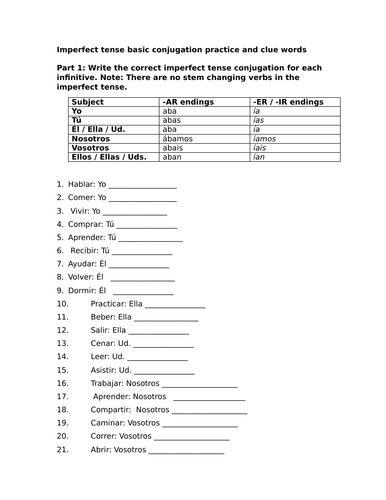 Imperfect tense basic conjugation practice and clue words | Teaching ...