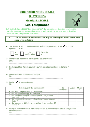 French Listening Comprehension "Les téléphones" - MYP 3 | Teaching ...