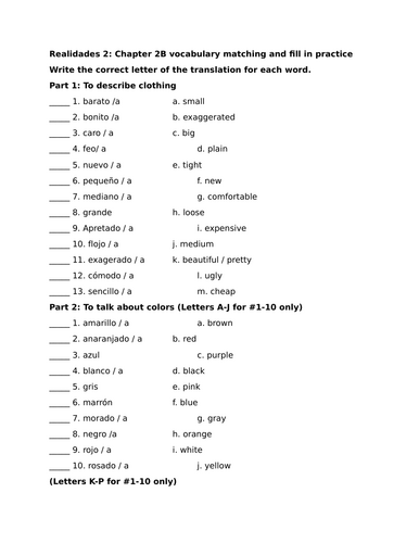 Realidades 2: Chapter 2B vocabulary matching and fill in practice ...