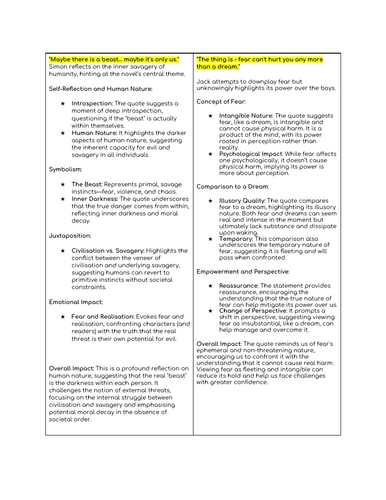 GCSE - LORD OF THE FLIES - TOP QUOTES WITH ANALYSIS | Teaching Resources