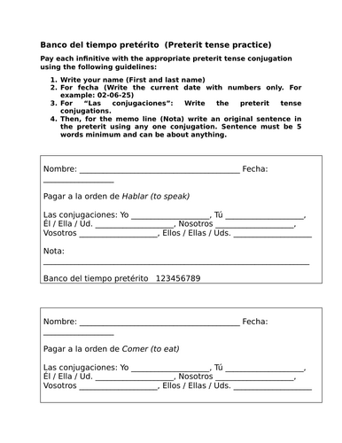 Banco del tiempo pretérito (Preterit tense practice) | Teaching Resources