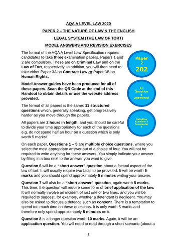AQA A Level Law Model Answers - Full Papers - Paper 2 (Tort) - 2020 ...