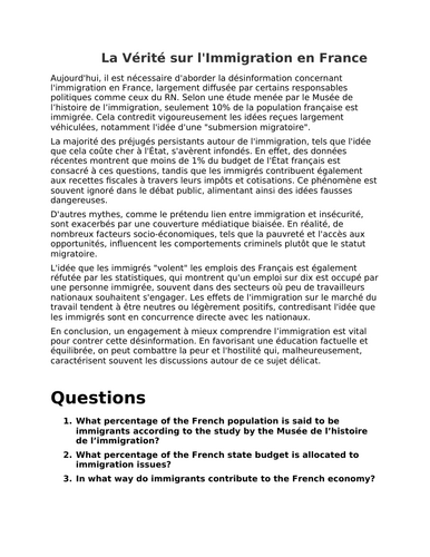 French -A level- Higher - Social issues in France- Immigration_Reading ...