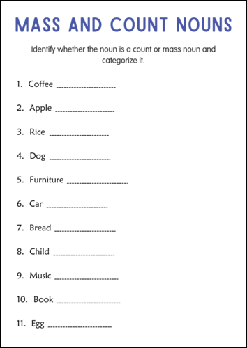 Printable Mass and Count Nouns Grammar Activities Worksheets for Grade ...