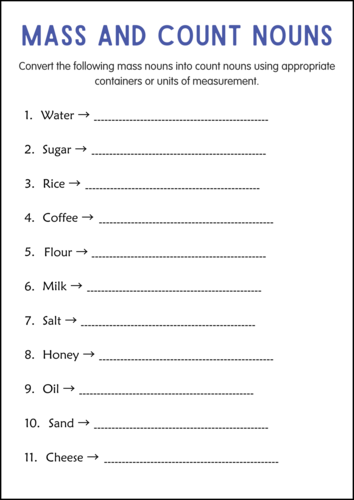 Printable Mass and Count Nouns Grammar Activities Worksheets for Grade ...