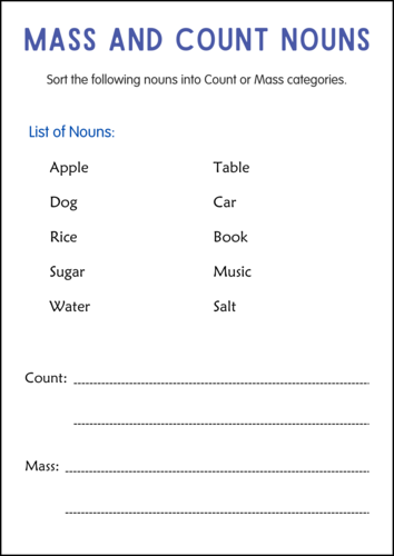 Printable Mass and Count Nouns Grammar Activities Worksheets for Grade ...