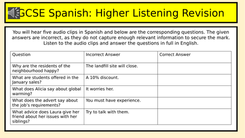 GCSE Spanish Listening Revision | Teaching Resources
