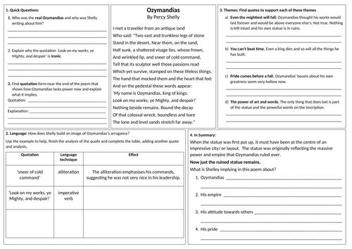 Ozymandias (Power & Conflict) Poetry Analysis Worksheet | Teaching ...
