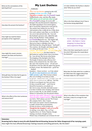 My Last Duchess (Power & Conflict) Poetry Analysis Worksheet | Teaching ...