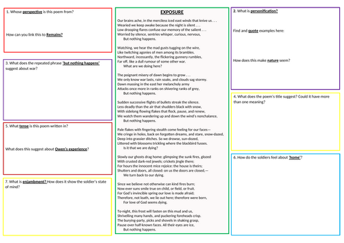 Exposure (Power & Conflict) Poetry Analysis Worksheet | Teaching Resources