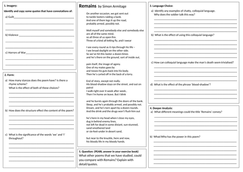 Remains (Power & Conflict) Poetry Analysis Worksheet | Teaching Resources