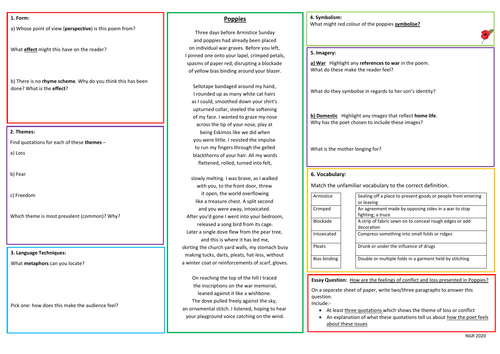 Poppies (Power & Conflict) Poetry Analysis Worksheet | Teaching Resources