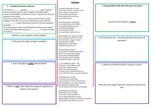 Kamikaze (Power & Conflict) Poetry Analysis Worksheet | Teaching Resources