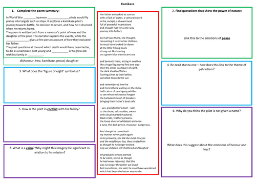 Kamikaze (Power & Conflict) Poetry Analysis Worksheet | Teaching Resources