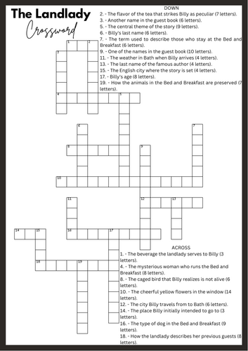 The Landlady by Roald Dahl Crossword Revision Activity: No Prep Minimal ...