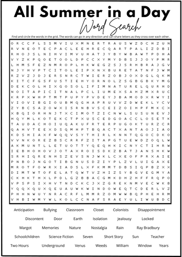 All Summer in a Day by Ray Bradbury Word Search Revision Activity ...