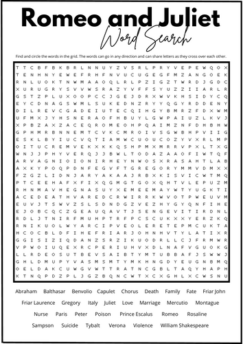 Romeo and Juliet by William Shakespeare Word Search: No Prep, Minimal ...